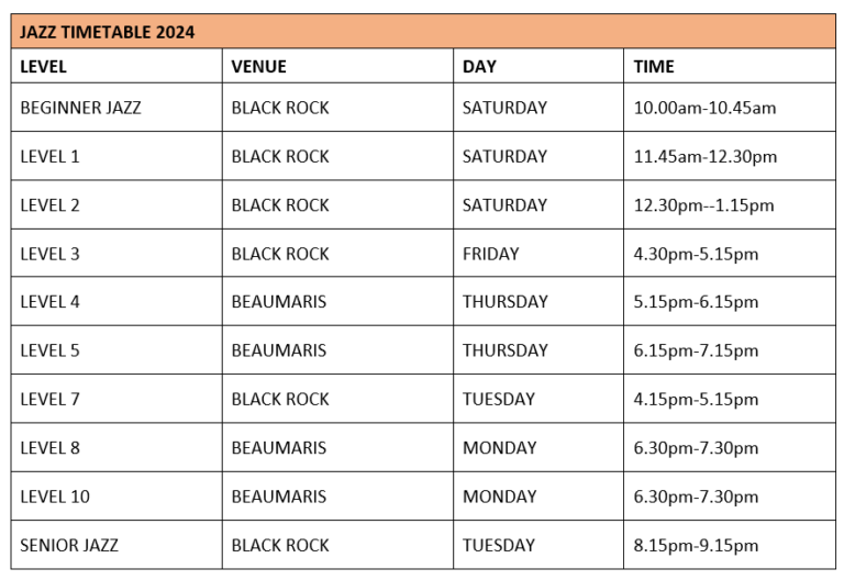 Jazz Timetable 2024 - Beau-Rock Ballet School
