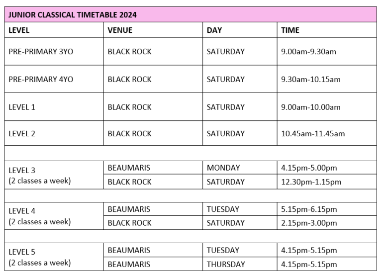 Junior Classical Timetable 2024 - Beau-Rock Ballet School